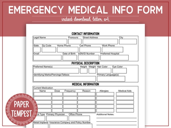 Emergency Medical Information Binder Page Download Health - Etsy