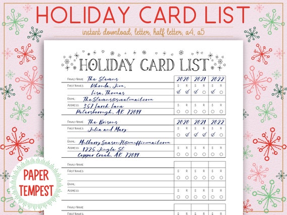 Printable Holiday Card List Christmas Card List Planner - Etsy
