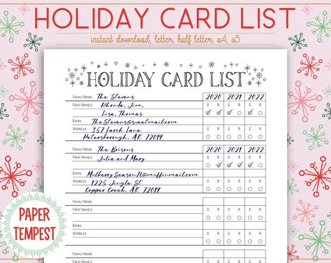 Holiday Card Tracker, Printable Christmas Card Tracker, Card List, Card ...