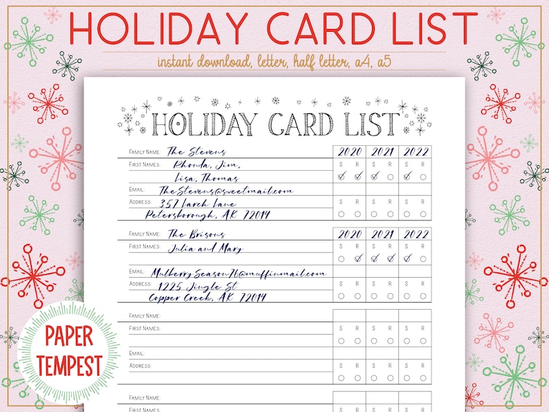 Printable Holiday Card List, Christmas Card List Planner Printable ...
