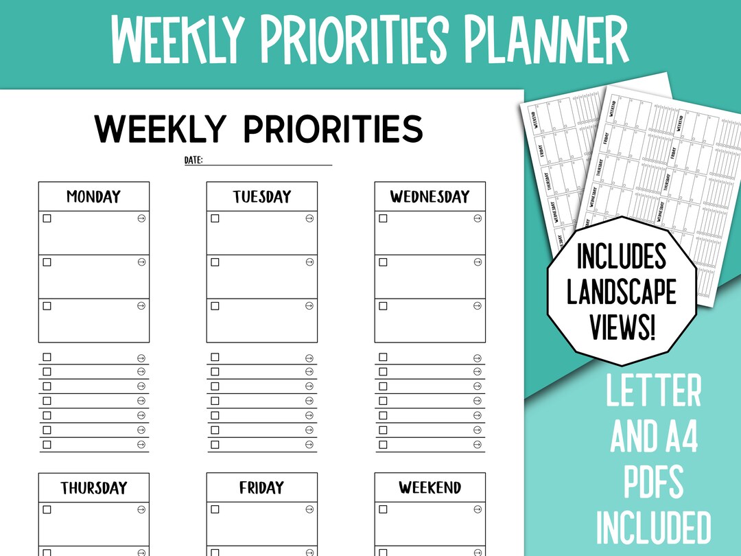 Printable Weekly Priority Planner Organizer, to Do List, Workflow ...