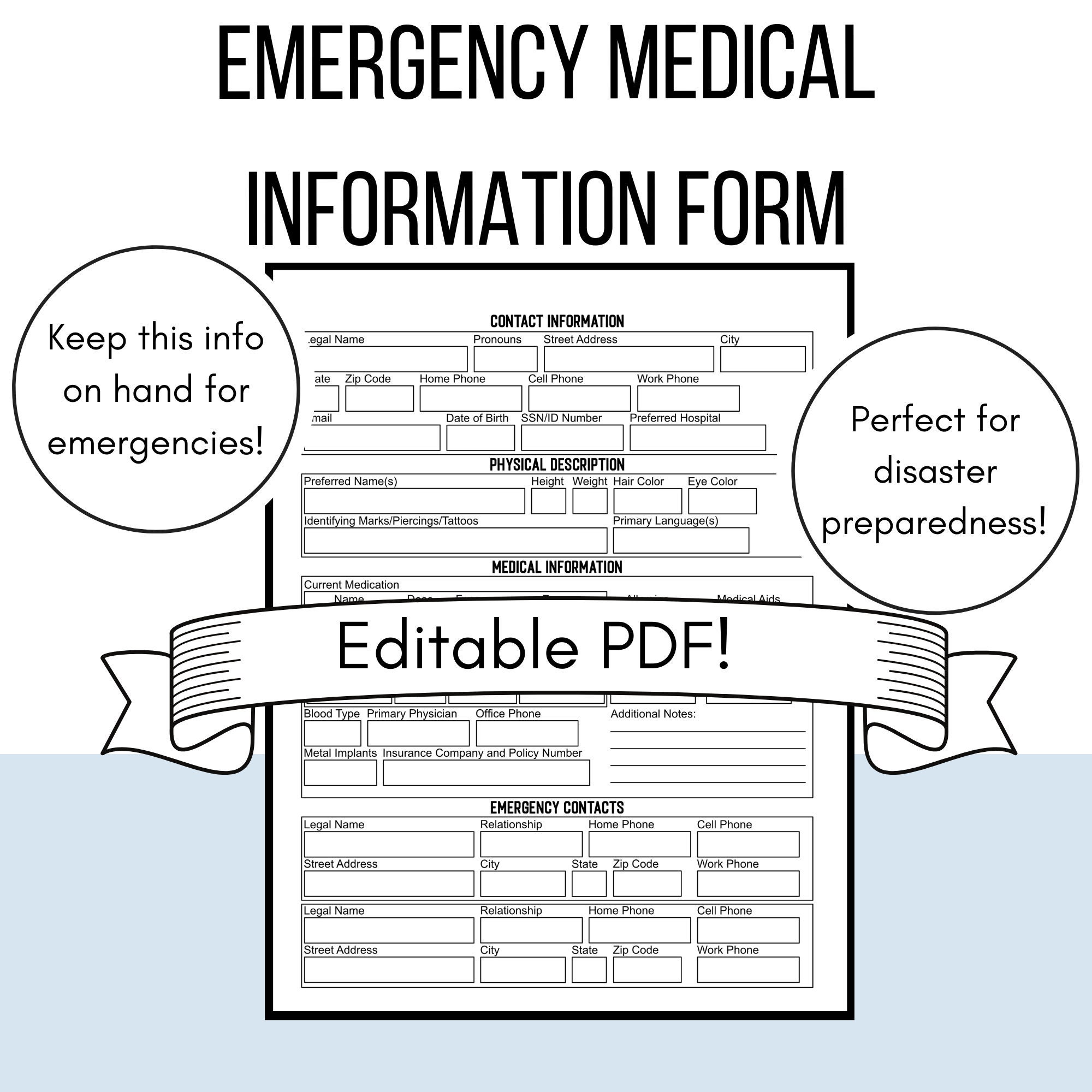 Emergency Medical Information Binder Page Download Health | Etsy