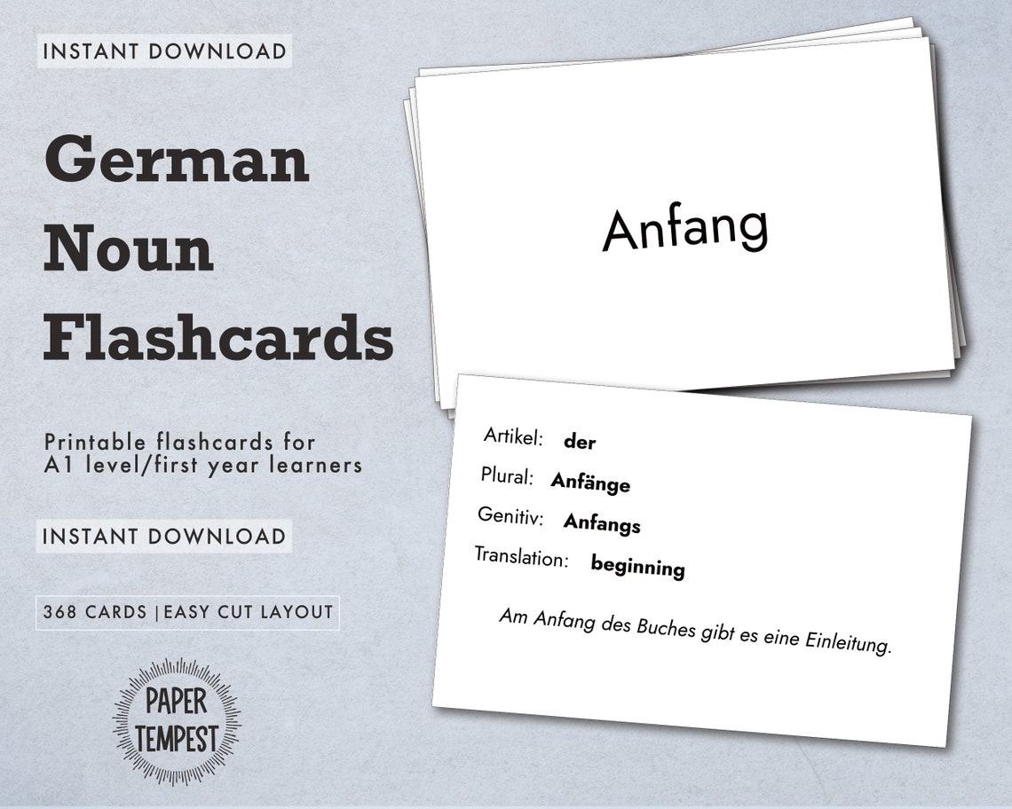 Printable German Noun Flashcards, German Vocabulary Flash Cards, German ...