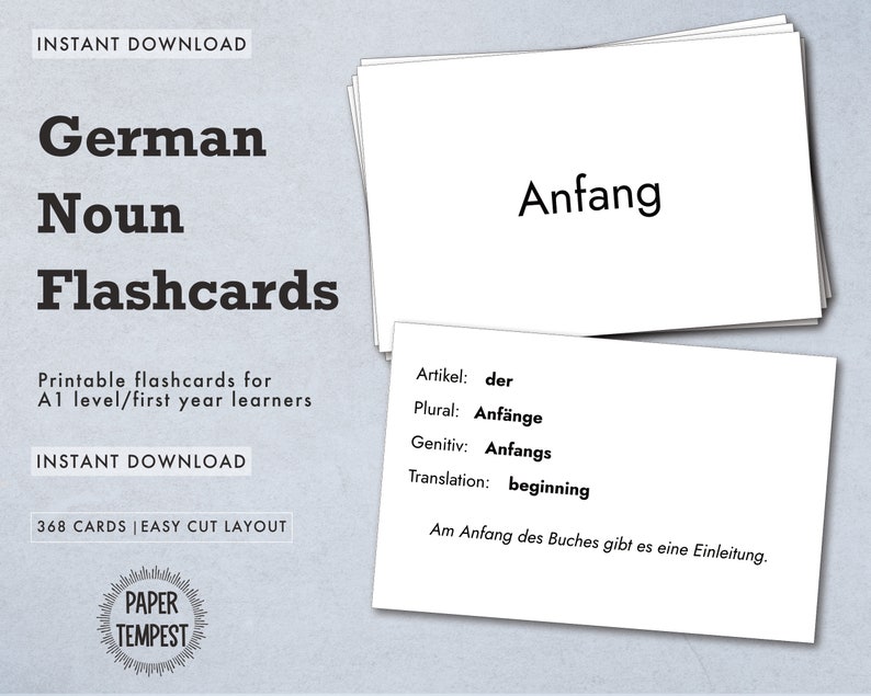 Printable German Noun Flashcards, German Vocabulary Flash Cards, German ...