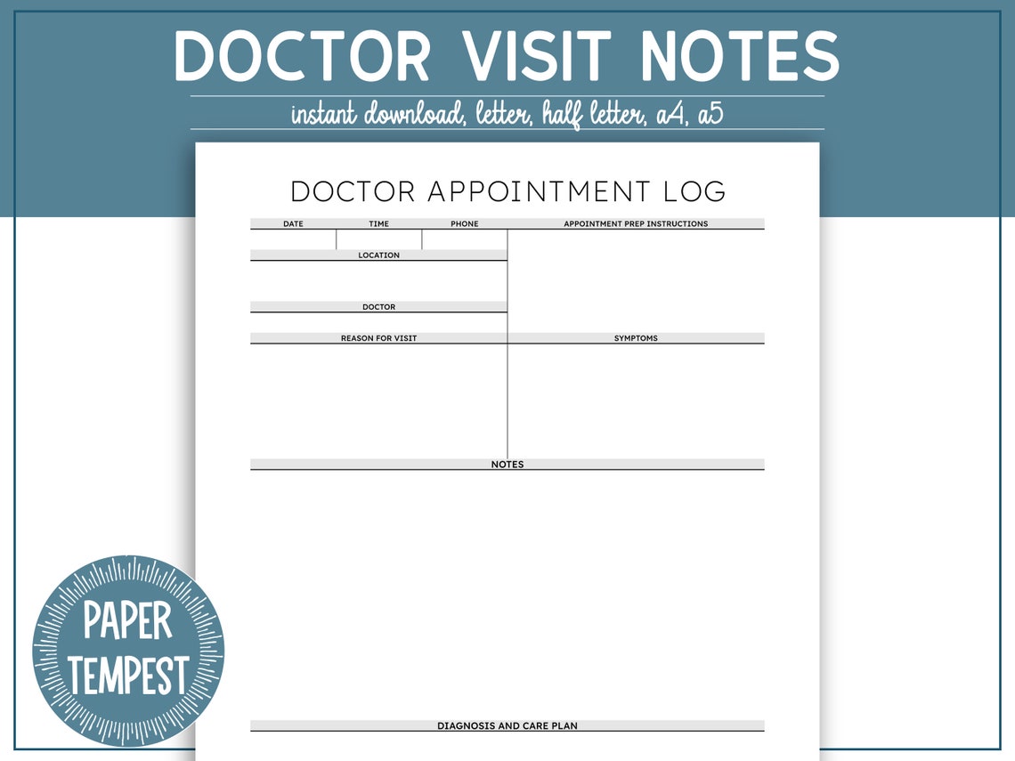 Printable Doctor Visit Notes, Doctor Appointment Log, Specialist ...