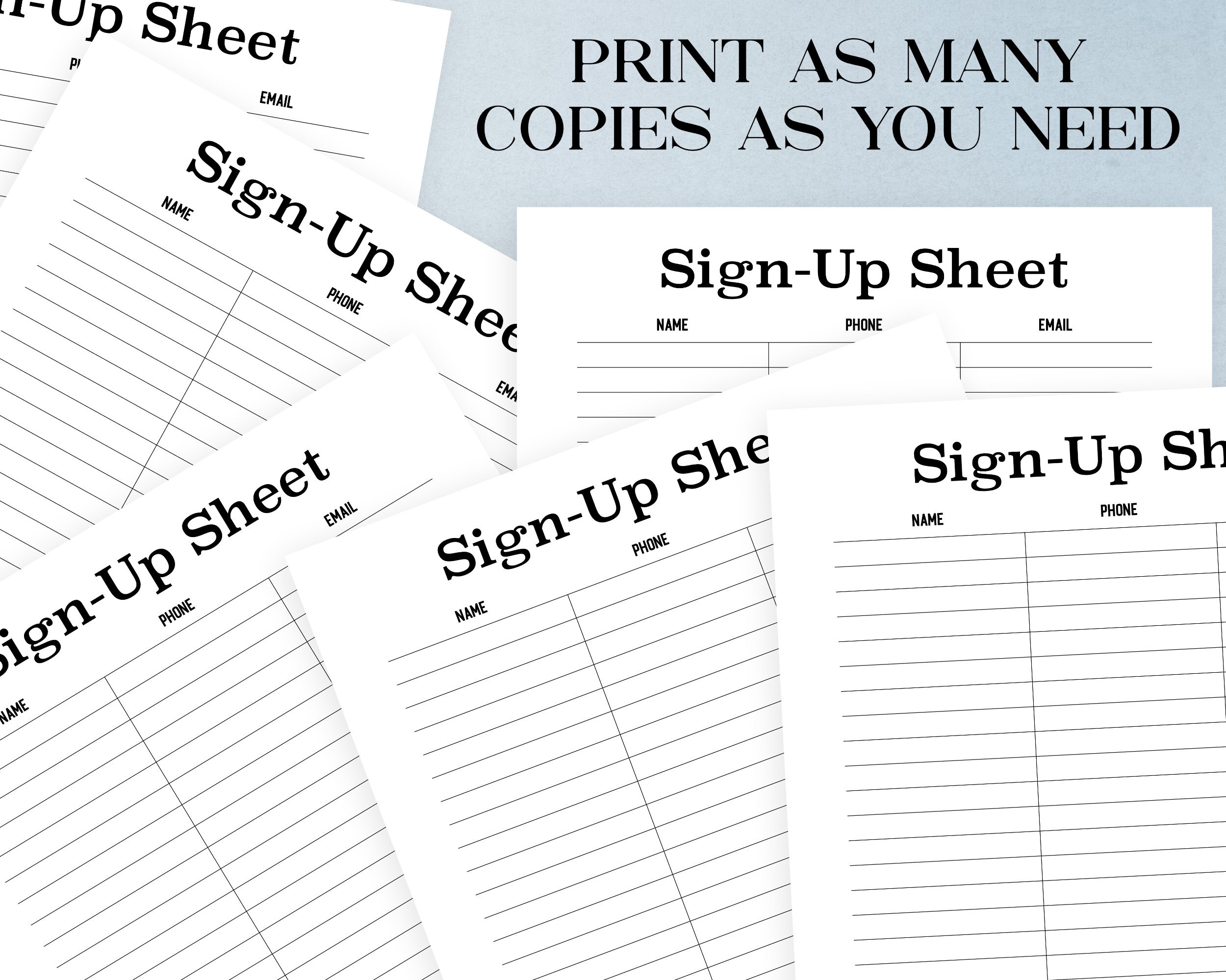 Printable Sign-up Sheet PDF, Contact Information Sheet, Volunteer Sign ...
