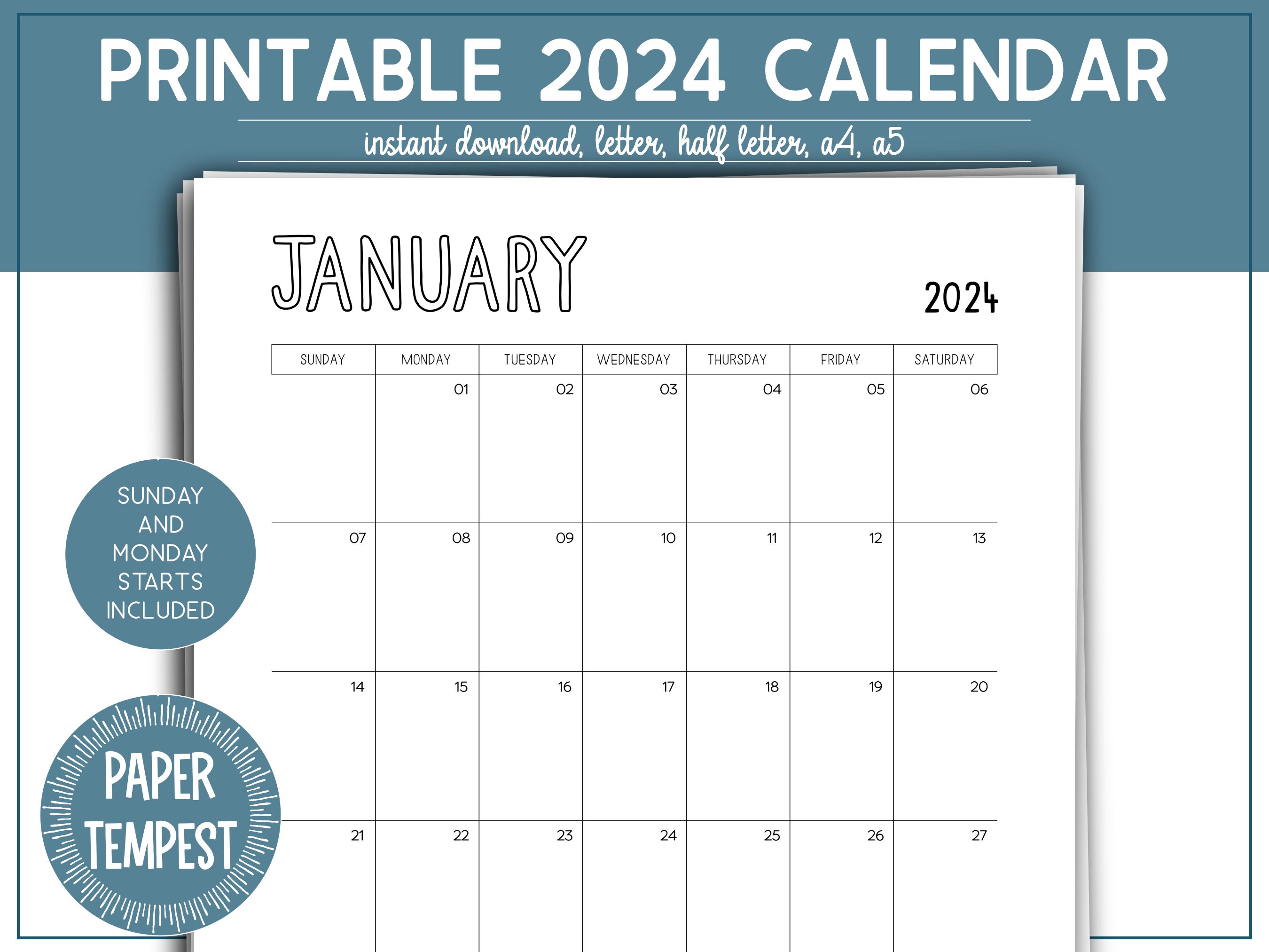 2024 Printable Calendar Portrait, Classic Monthly Calendar Planner ...