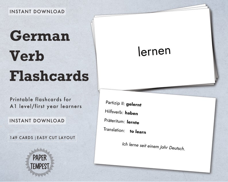 Printable German Verb Flashcards, German Vocabulary Flash Cards, German ...