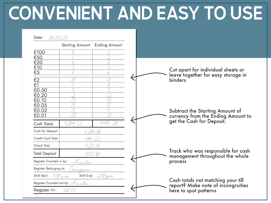 Printable Cash Register Balance Log, Cash Drawer Reconciliation Sheet ...