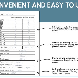 Printable Cash Register Balance Log, Cash Drawer Reconciliation Sheet ...