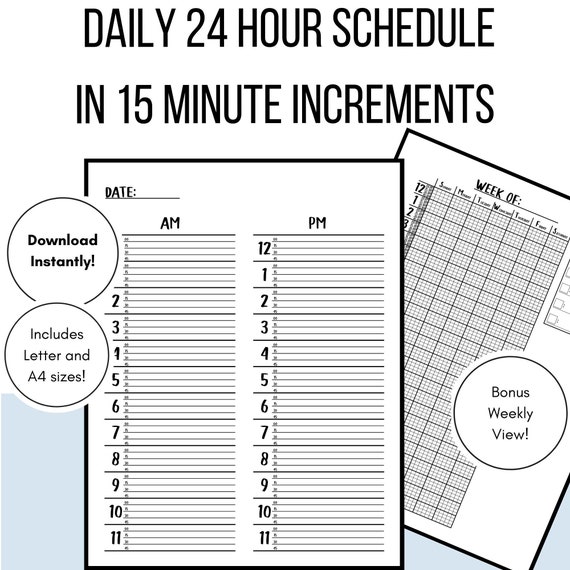 Printable Daily Weekly Planner 24 Hour Organizer in 15 Minute | Etsy