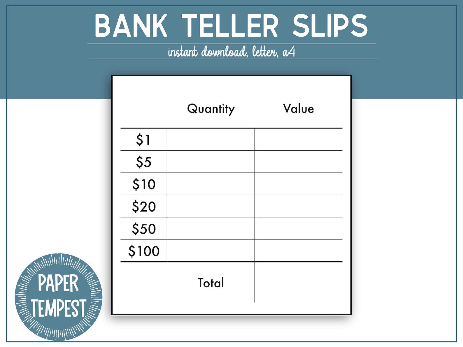 Printable Bank Teller Slips, Cash Breakdown Sheet, Cash Stuffing Budget ...