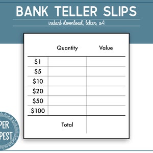 Printable Bank Teller Slips, Cash Breakdown Sheet, Cash Stuffing Budget ...