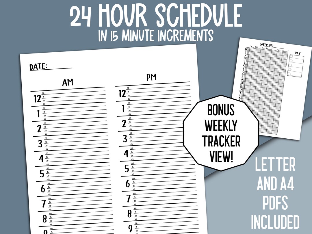 Printable Daily Weekly Planner 24 Hour Organizer in 15 Minute ...
