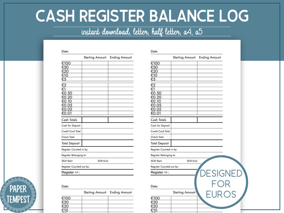 Printable Cash Register Balance Log, Cash Drawer Reconciliation Sheet ...