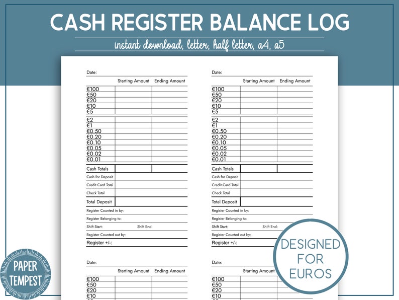 Printable Cash Register Balance Log, Cash Drawer Reconciliation Sheet ...