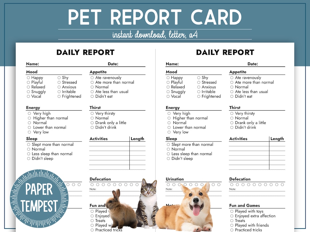 Printable Pet Report Card Template, Dog Report Card, Daily Pet Care ...
