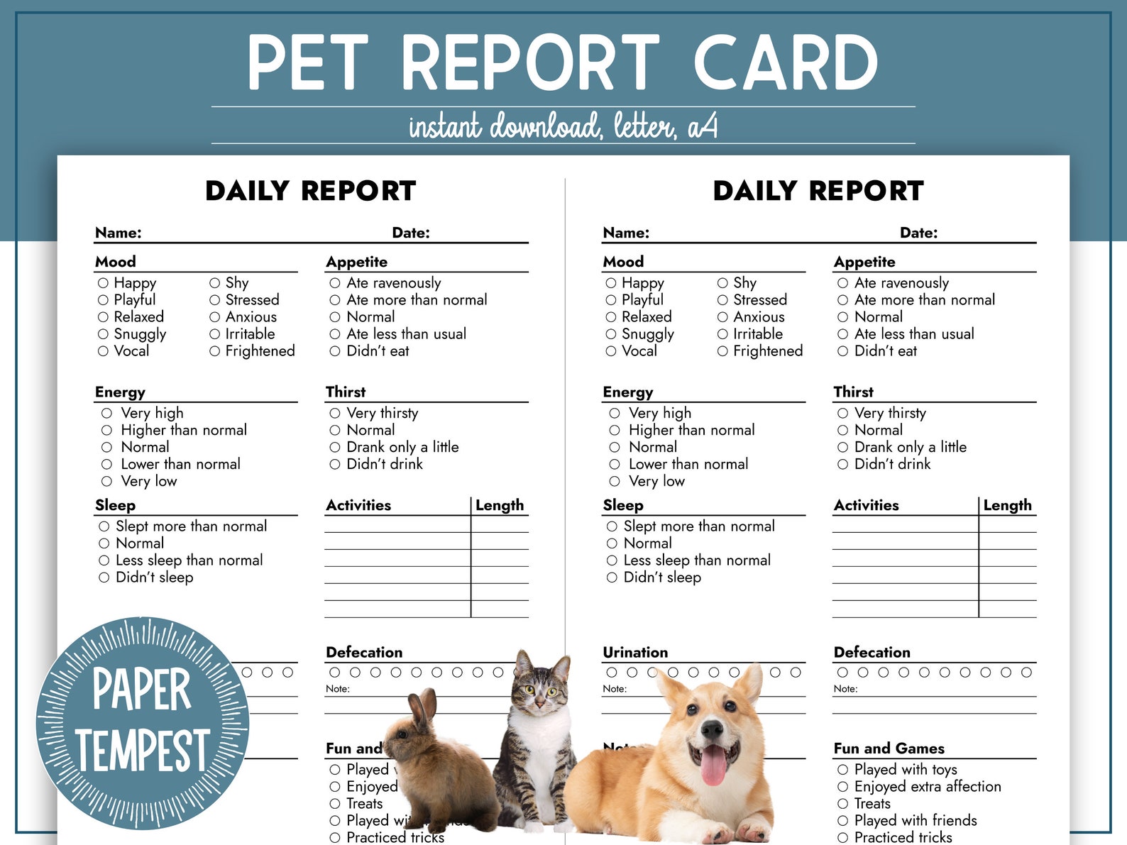 Printable Pet Report Card Template, Dog Report Card, Daily Pet Care ...