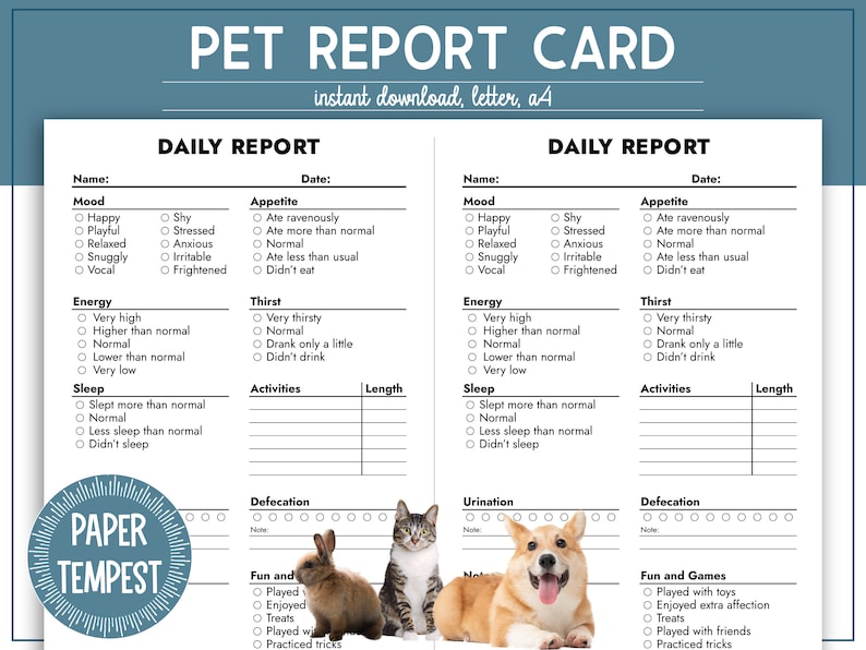Printable Pet Report Card Template, Dog Report Card, Daily Pet Care ...