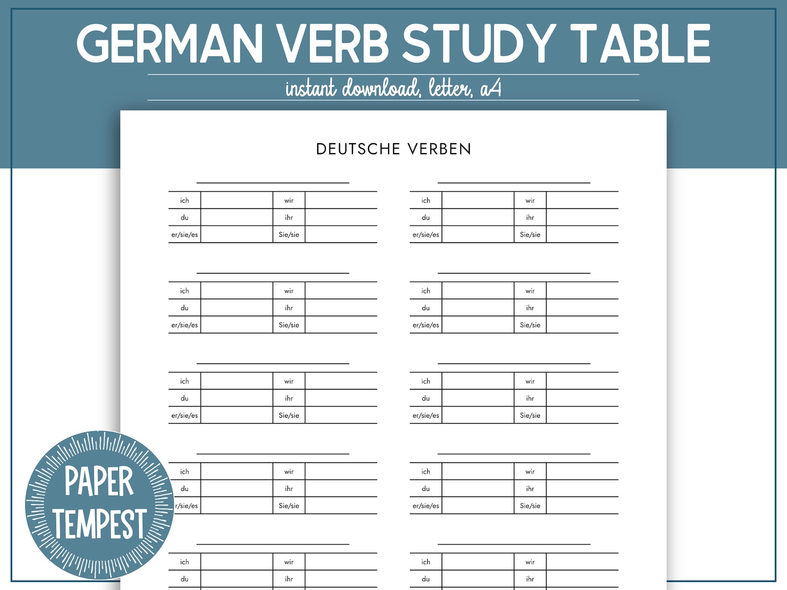 Printable German Verb Table Practice, German Verb Conjugation Worksheet ...