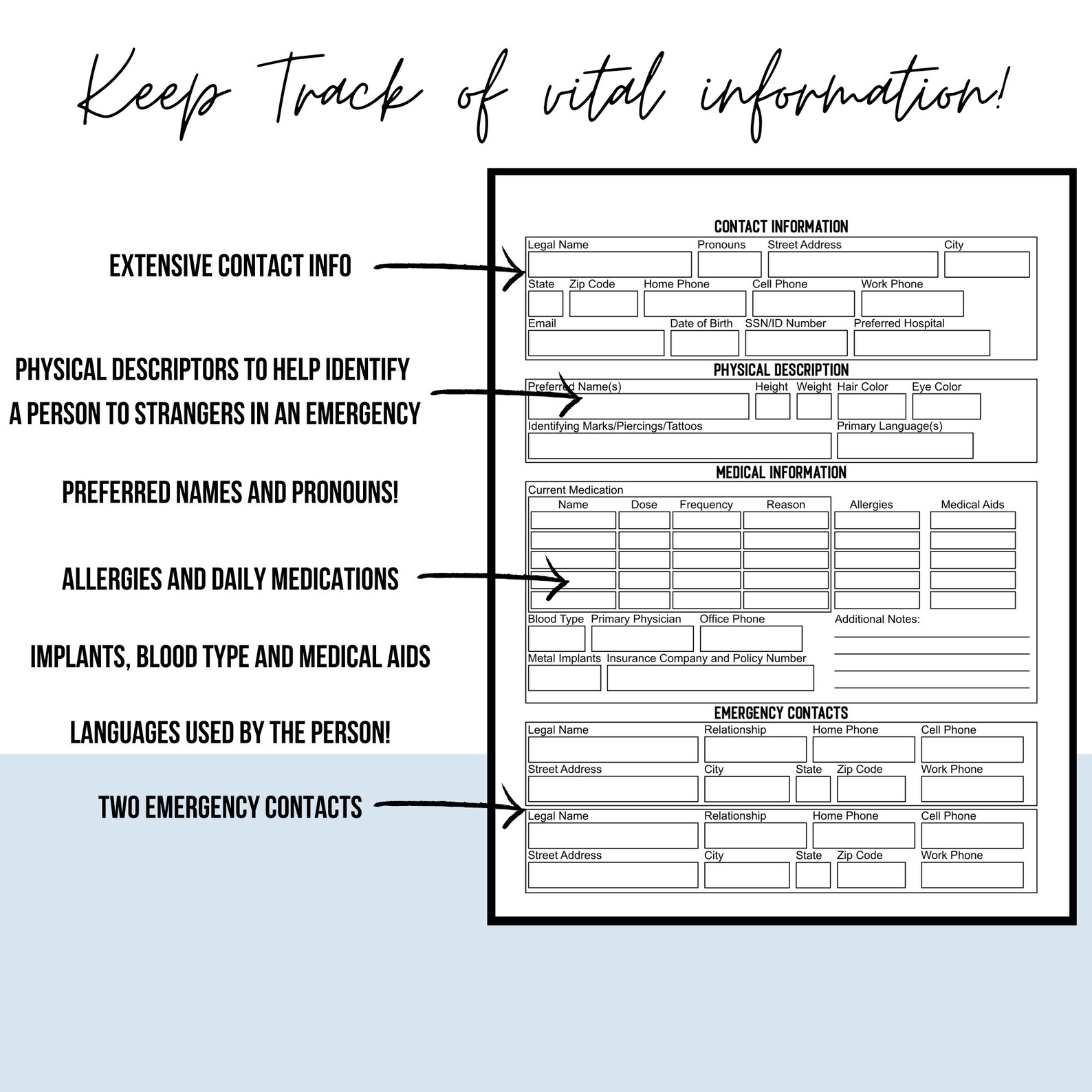 Emergency Medical Information Binder Page Download Health | Etsy