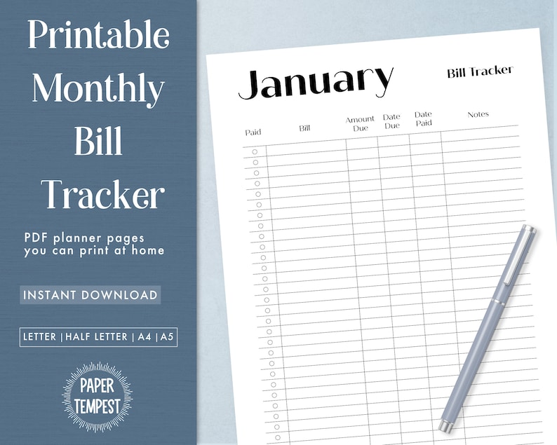 Printable Bill Tracker, Printable Monthly Bills Checklist, Debt Payment ...