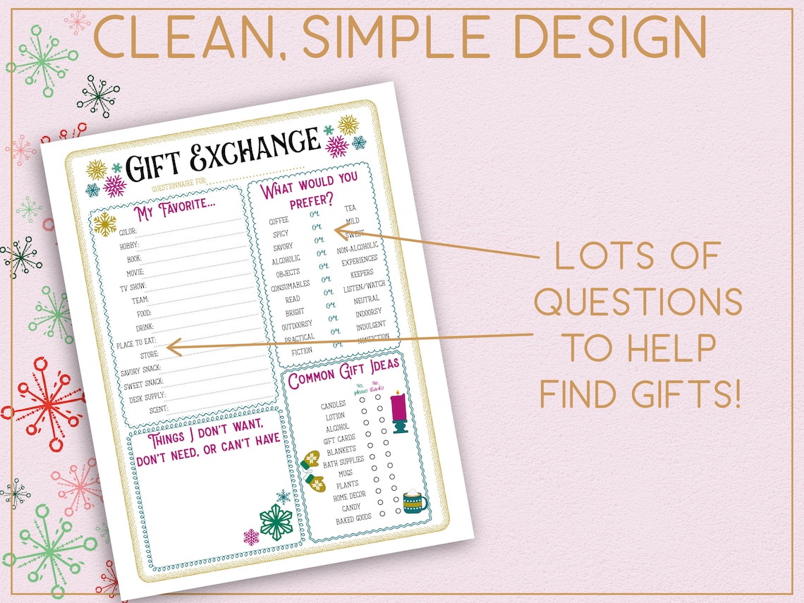 Printable Non-denominational Gift Exchange Questionnaire, Gift Template ...