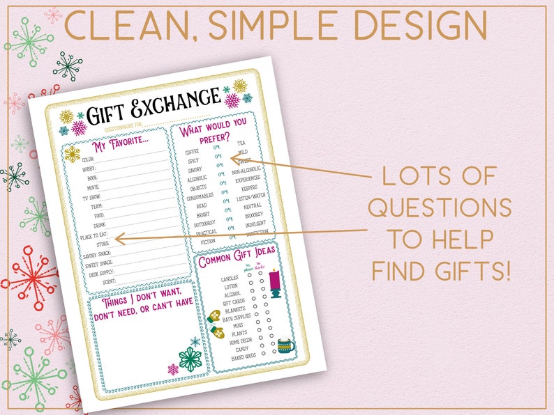Printable Non-denominational Gift Exchange Questionnaire, Gift Template ...