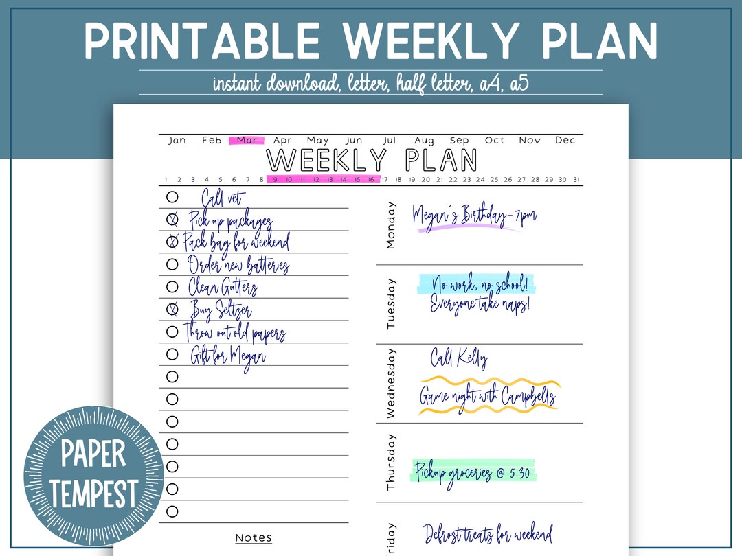 Printable Weekly Planner Spread, Weekly to Do List, Weekly Dashboard ...