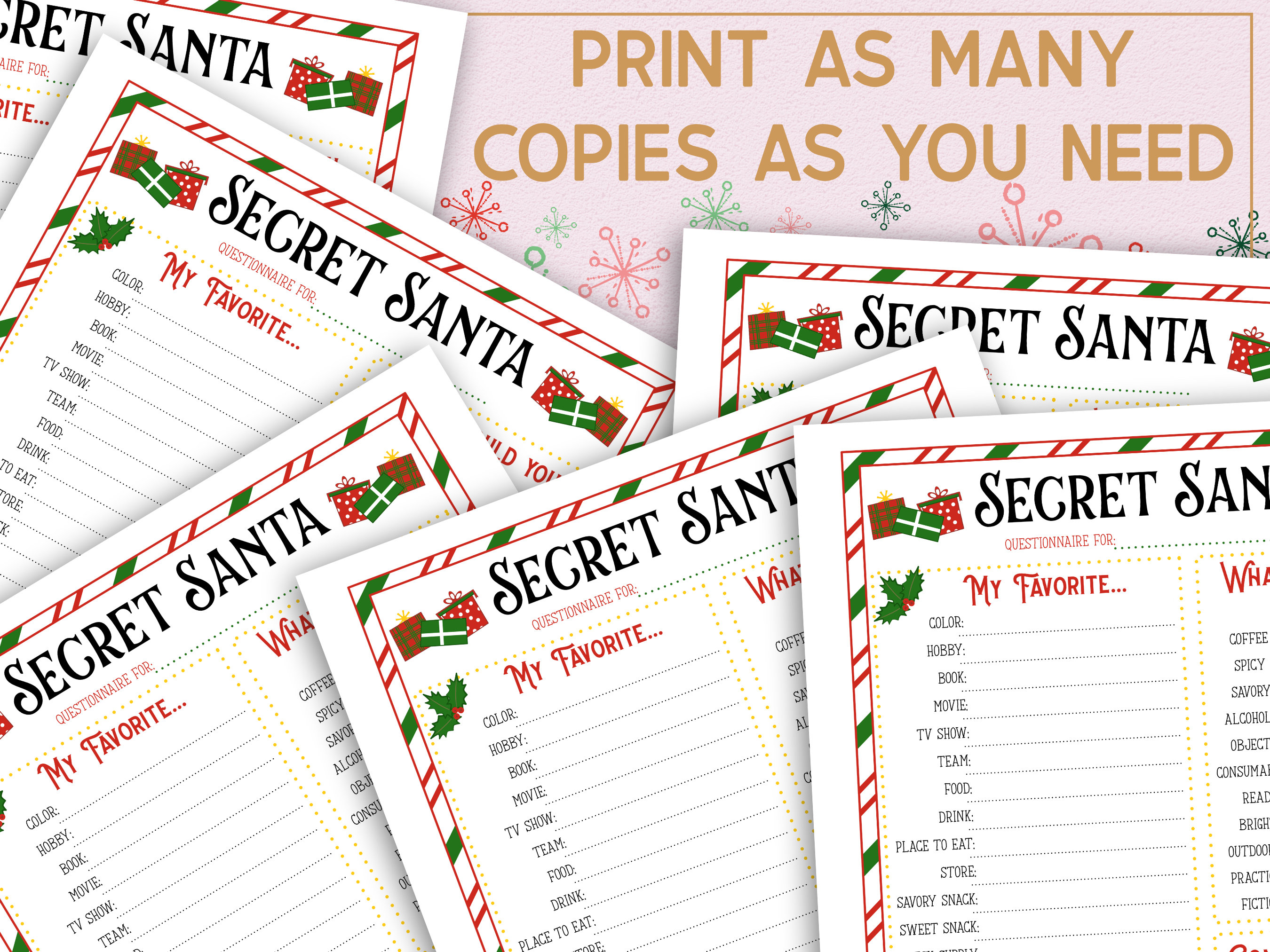 Printable Secret Santa Questionnaire, Secret Santa Template for Work ...