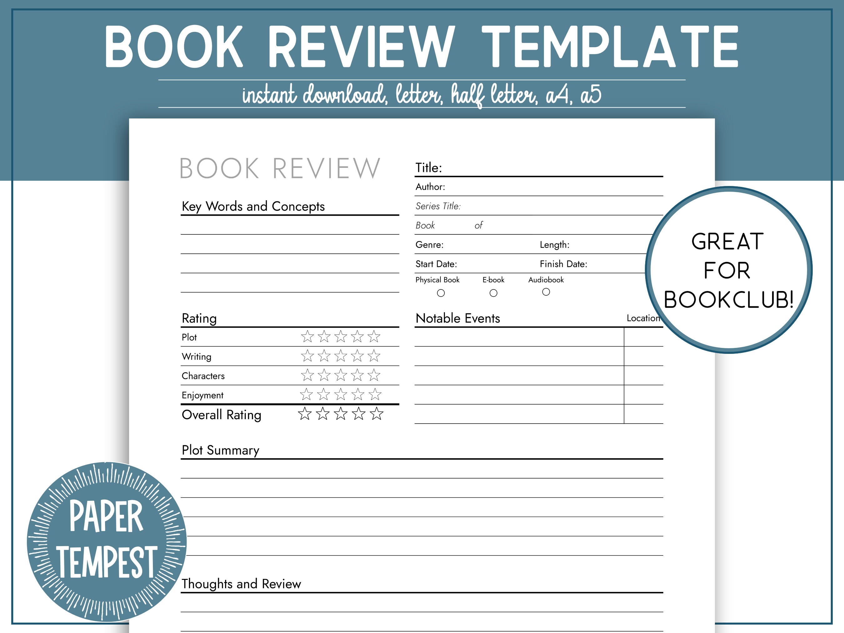 Printable Book Review Template, Book Review Journal, Digital Book ...