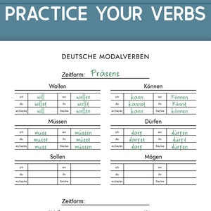 Printable German Verb Table Practice, German Verb Conjugation Worksheet ...