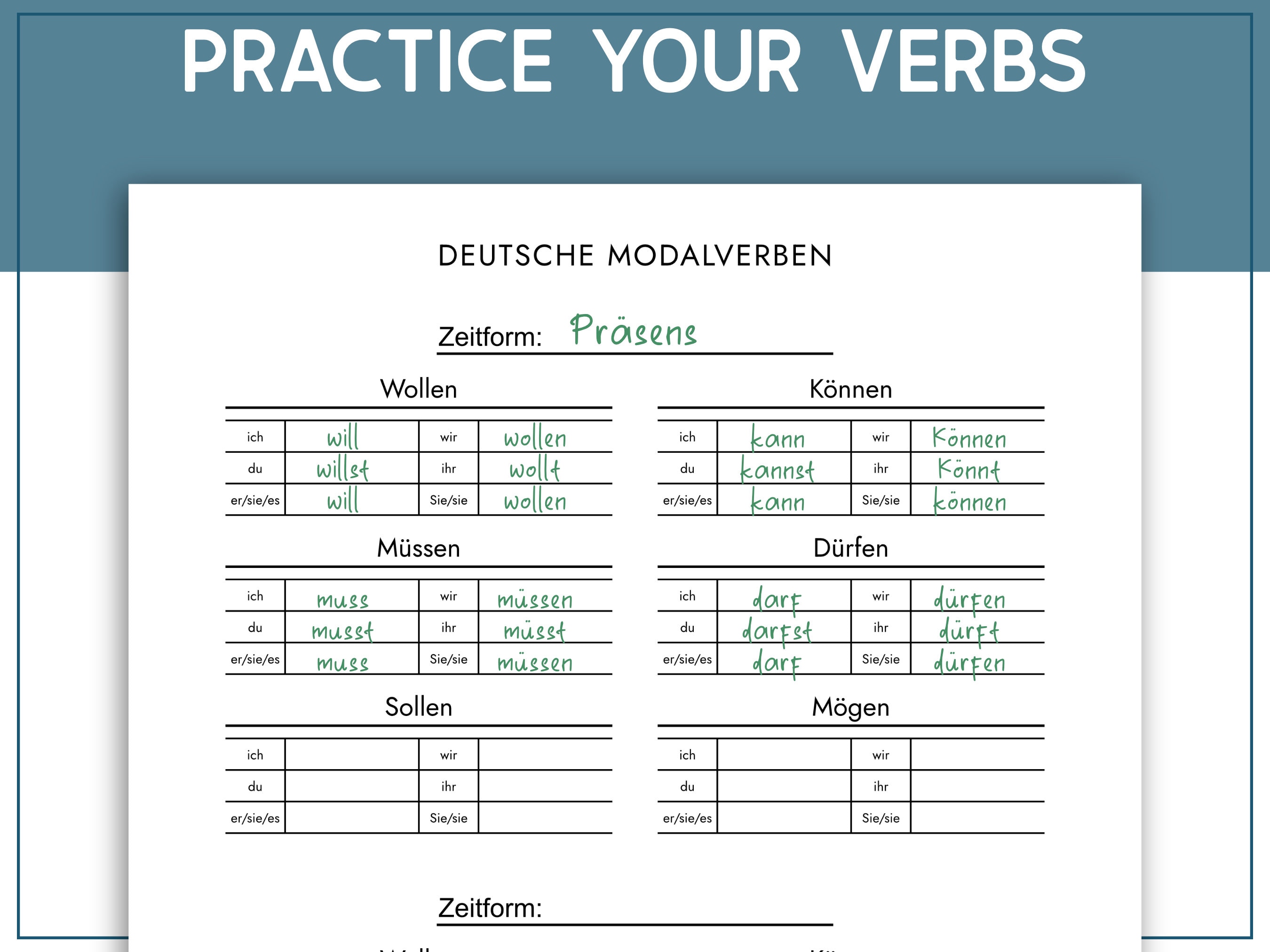 Printable German Verb Table Practice, German Verb Conjugation Worksheet ...