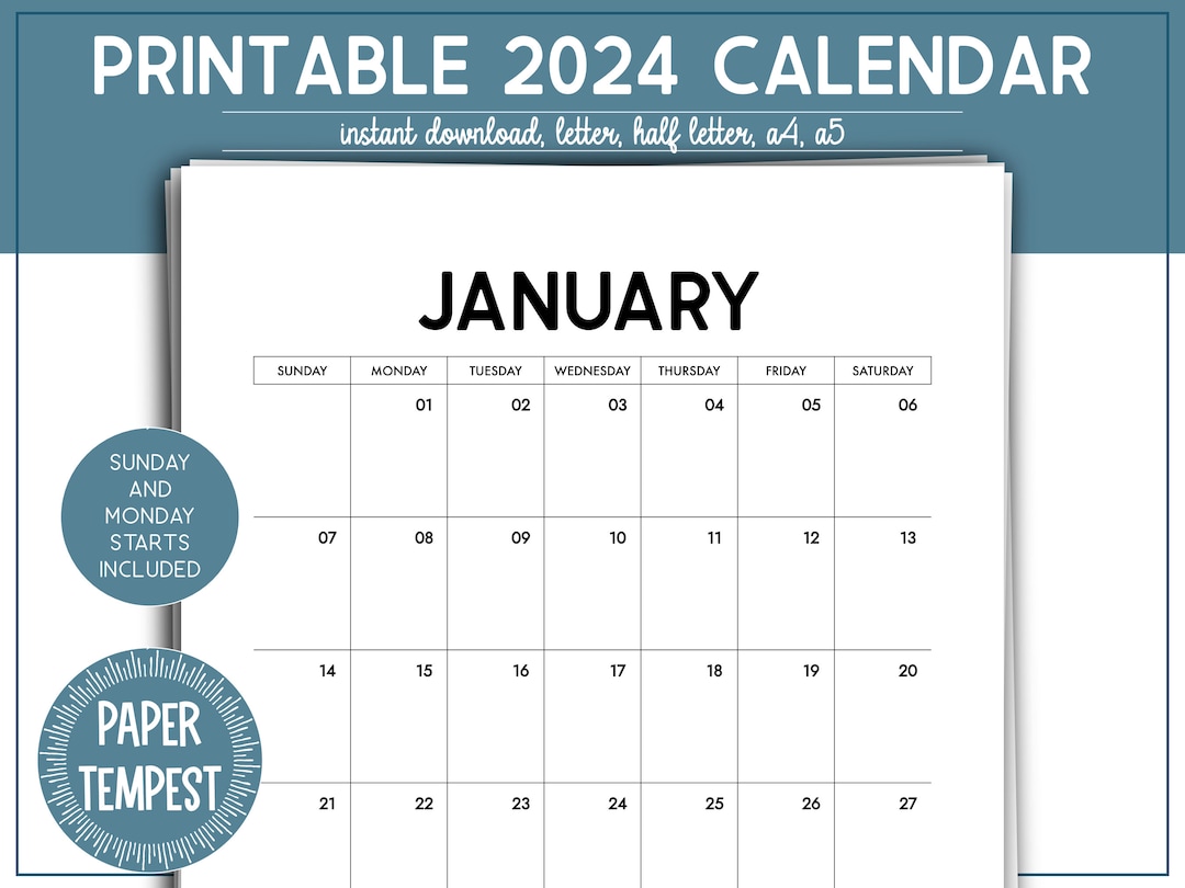 2024 Printable Calendar Portrait, Classic Monthly Calendar Planner ...
