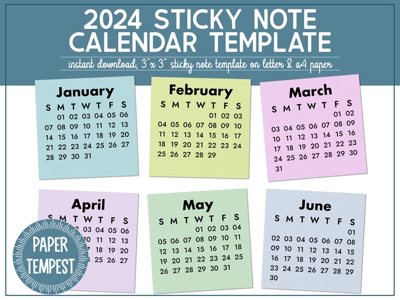 Printable 2024 Calendar Sticky Note Template, Planner Sticky Notes, 3x3 ...