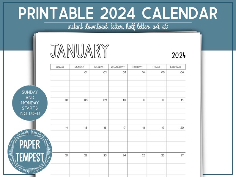 2024 Printable Calendar Portrait, Lined Monthly Calendar Planner ...