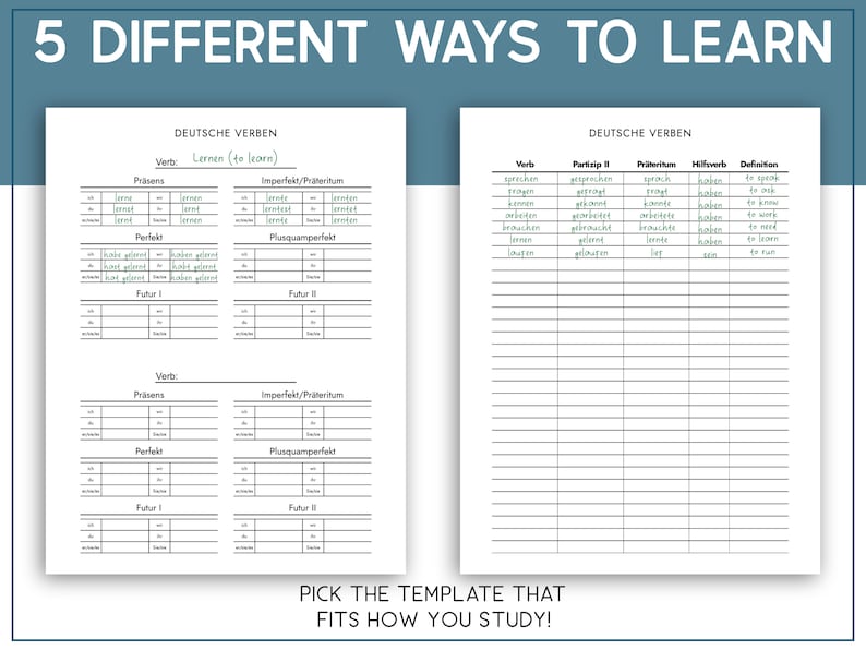 Printable German Verbs Study Bundle, German Verb Conjugation Worksheet ...