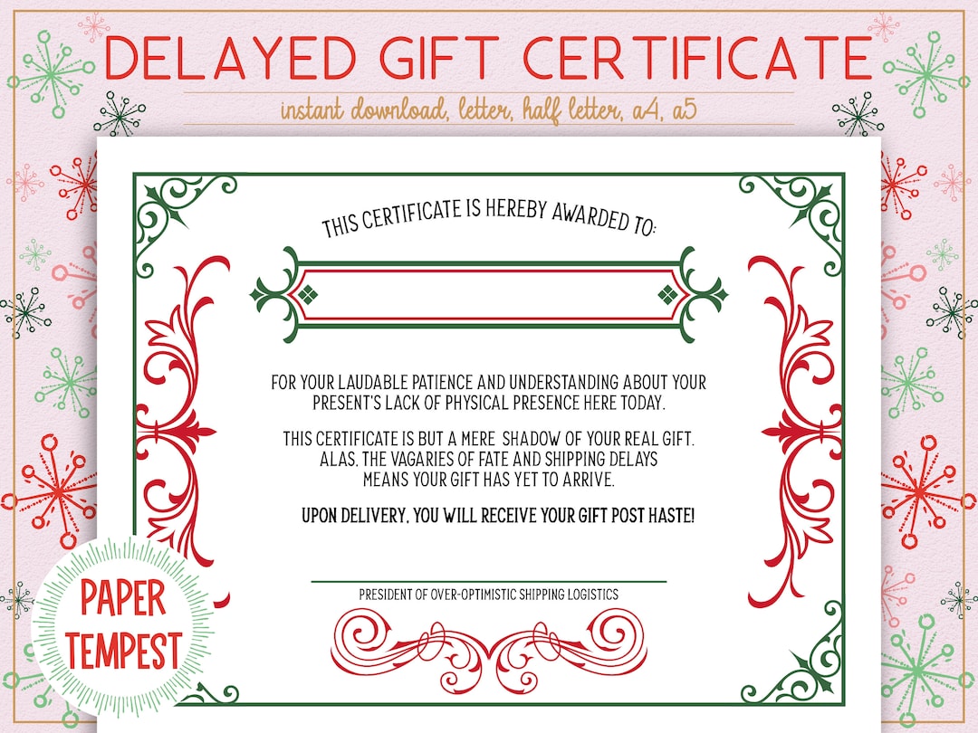 Printable Delayed Gift Certificate for Christmas, Late Gift Template ...
