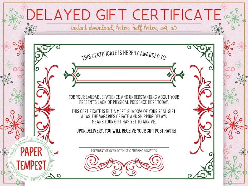 Printable Delayed Gift Certificate for Christmas, Late Gift Template ...
