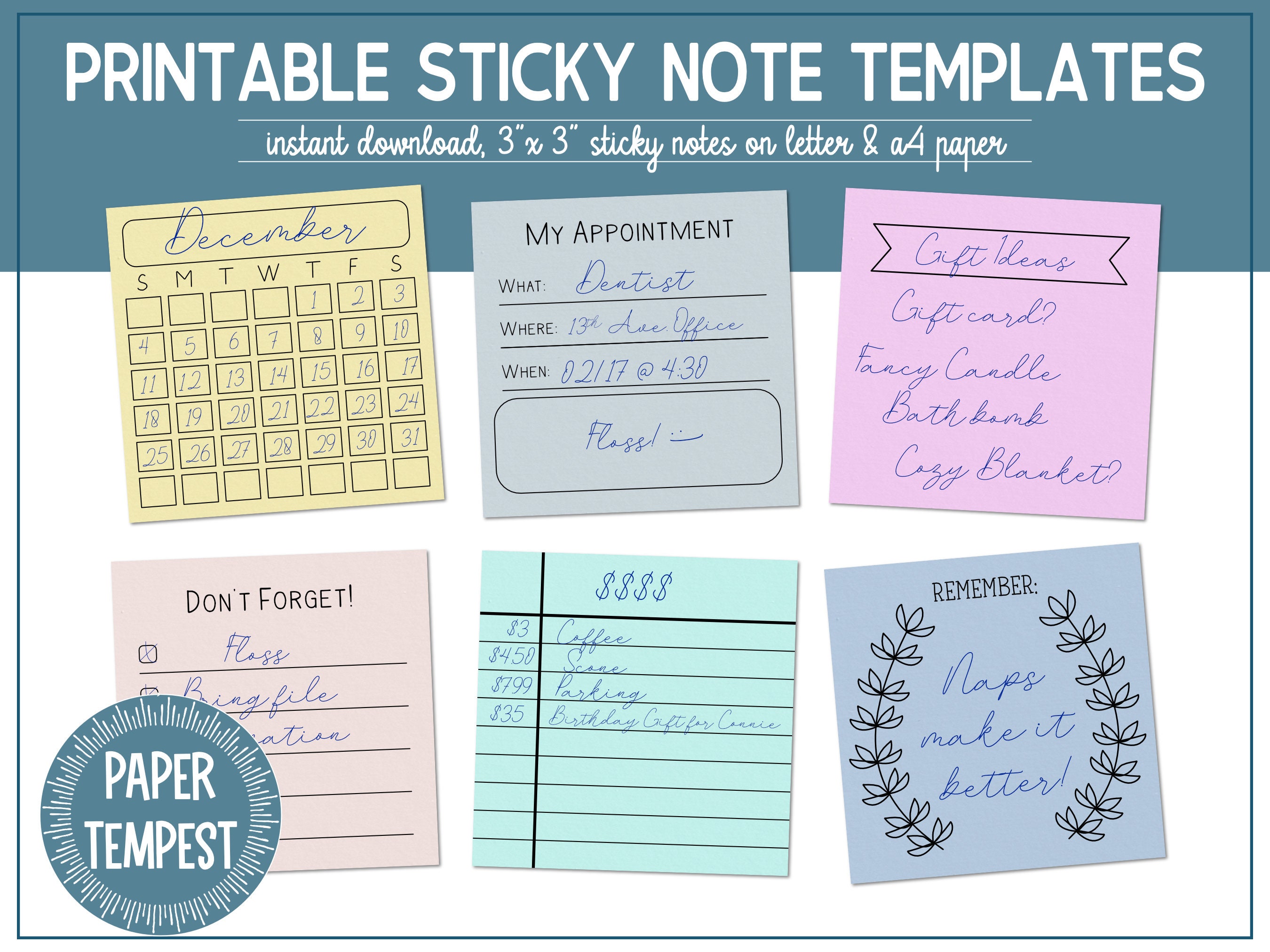 Printable Sticky Note Templates, Planner Sticky Notes, 3x3 Sticky Note ...
