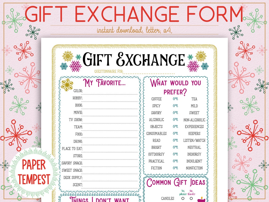 Printable Non-denominational Gift Exchange Questionnaire, Gift Template ...