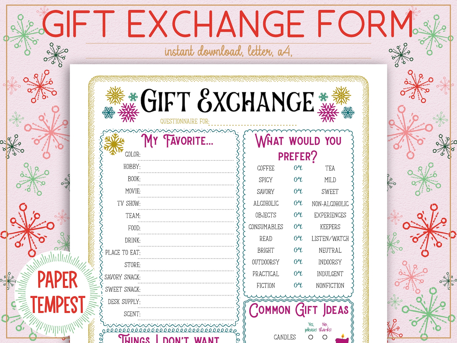 Printable Non-denominational Gift Exchange Questionnaire, Gift Template ...