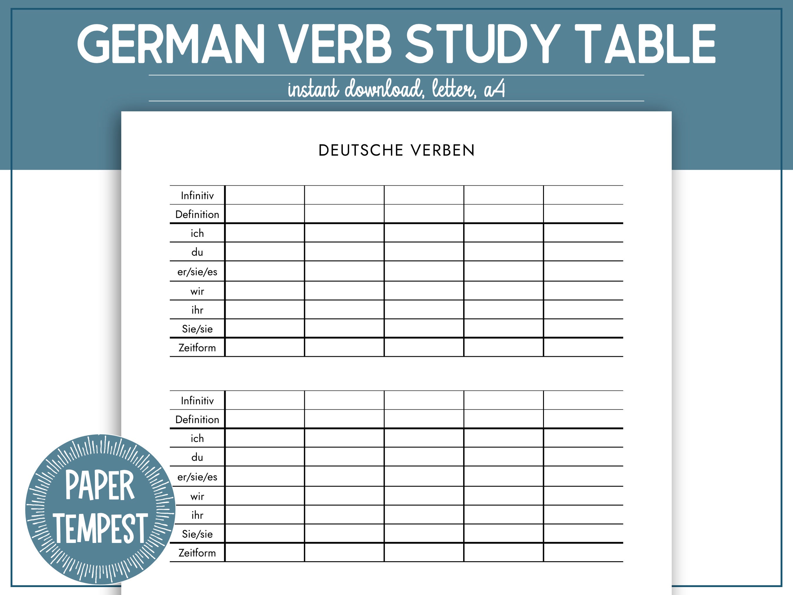 Printable German Verb Table Practice, German Verb Conjugation Worksheet ...