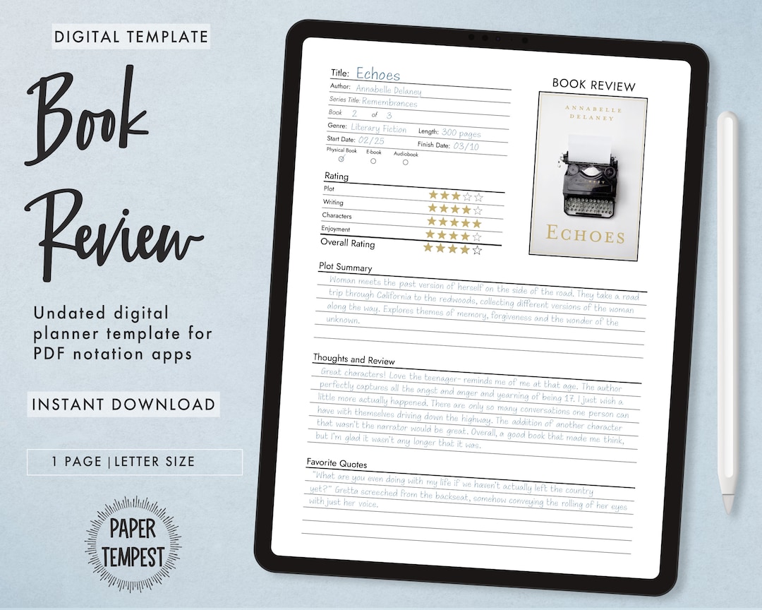 Digital Book Review Template, Book Review Journal, Digital Book Review ...
