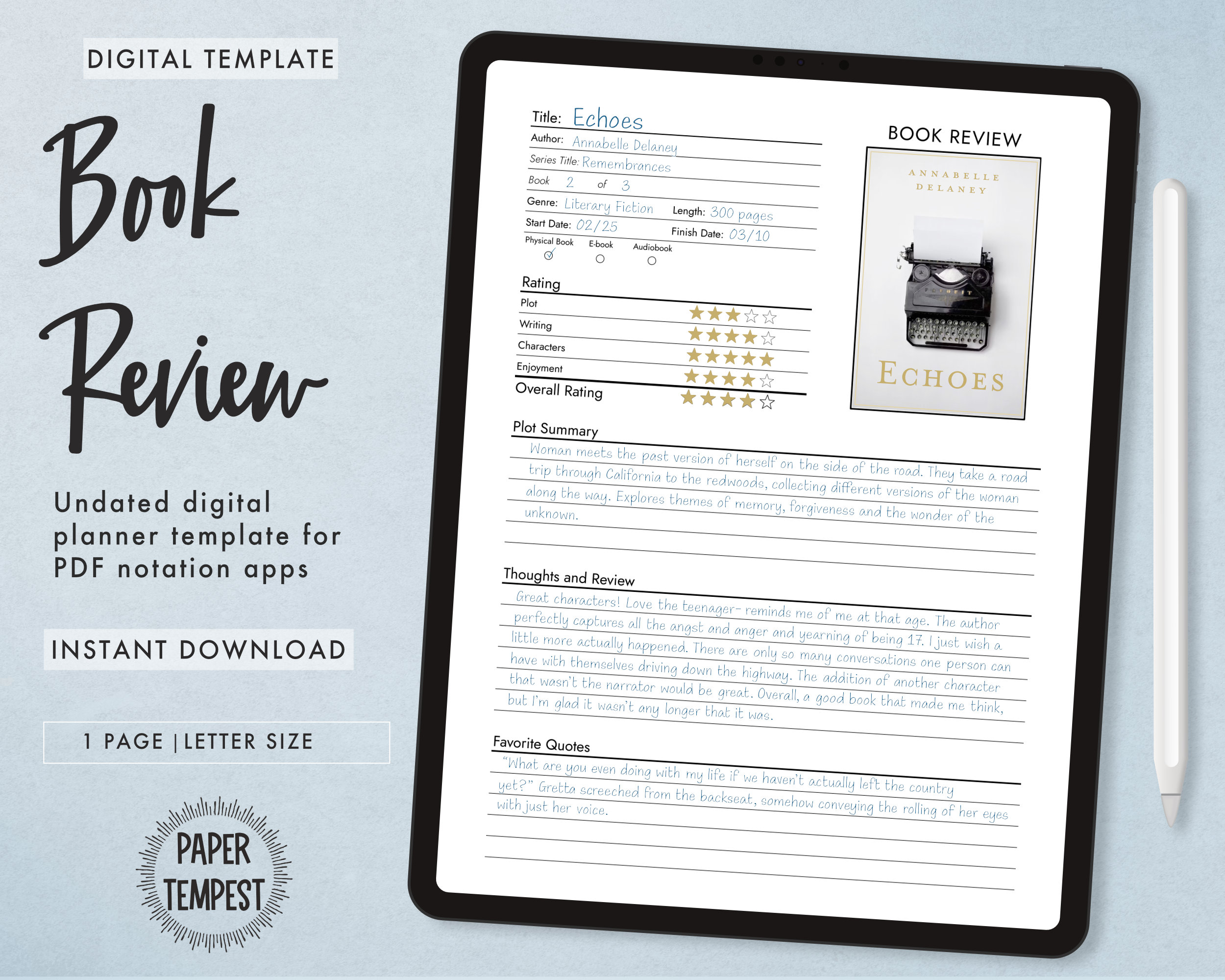 Digital Book Review Template, Book Review Journal, Digital Book Review ...