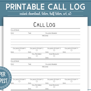 Printable Call Log, Communication Log, Missed Call Template, Follow up ...