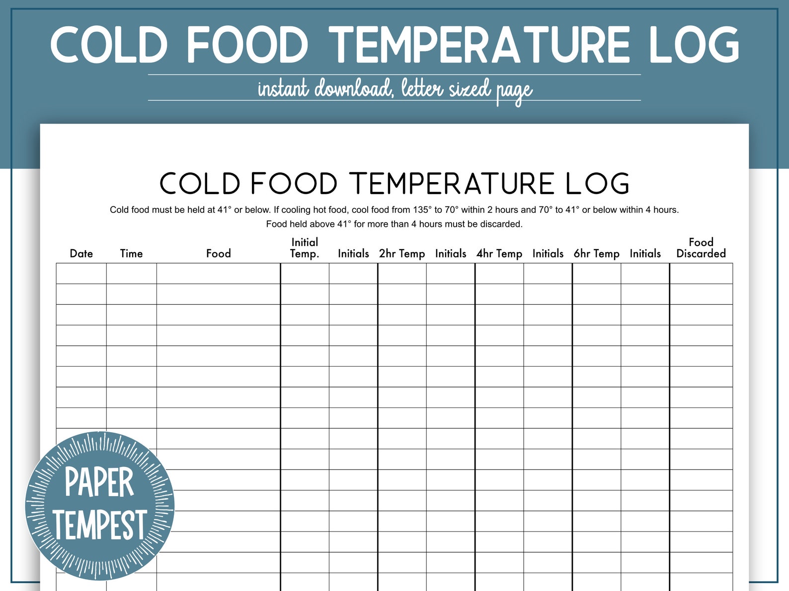 Printable Cold Food Temperature Log, Cold Food Holding Temperature ...