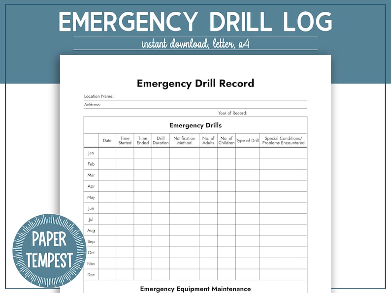 Printable Emergency Evacuation Log, Emergency Drill Record, Fire Drill ...