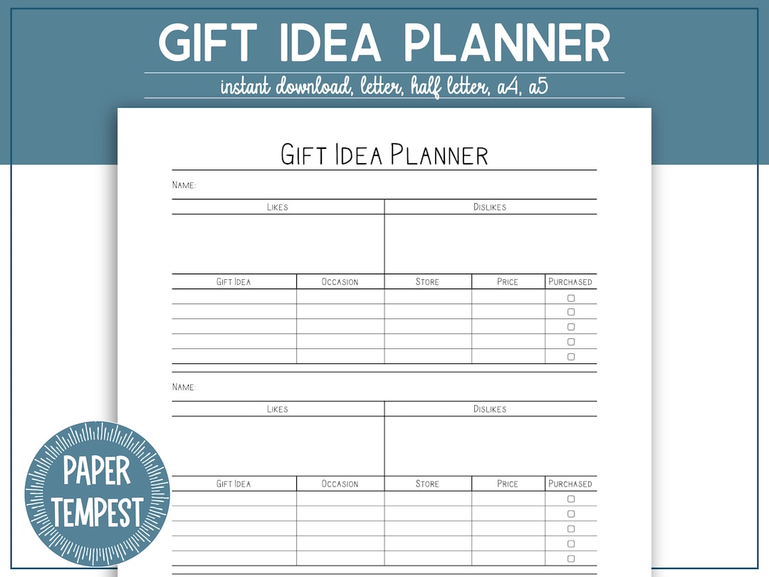 Printable Gift Idea Planner, Wish List Tracker, Christmas Present Idea ...
