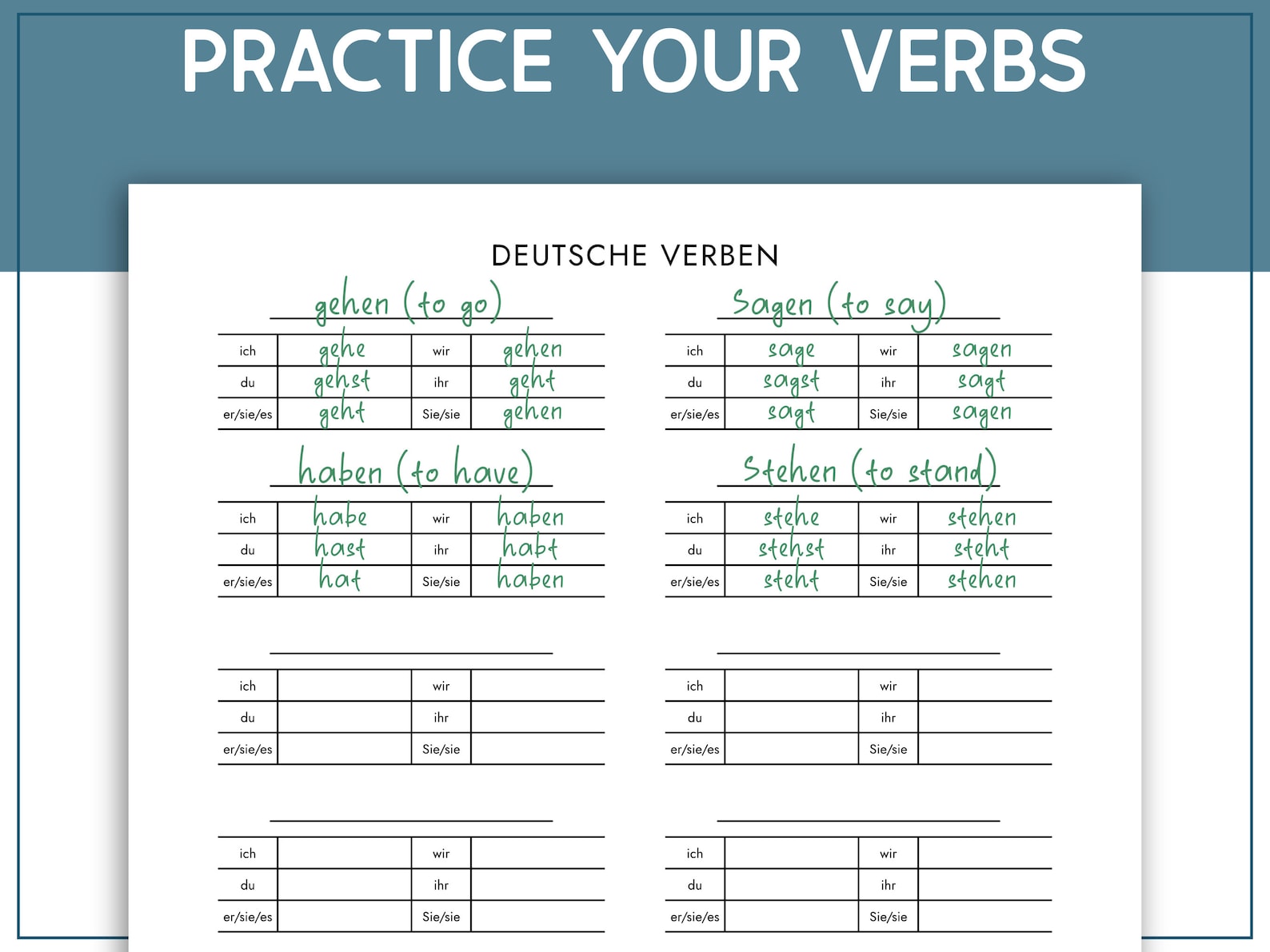 Printable German Verb Table Practice, German Verb Conjugation Worksheet ...